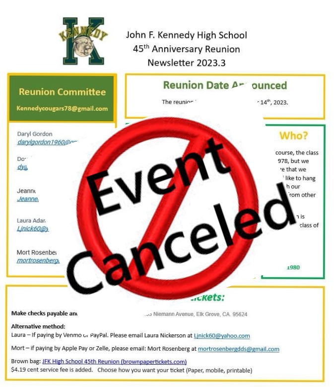 45th Class Reunion CANCELED – John F. Kennedy 1978 Alumni (Sacramento, CA)